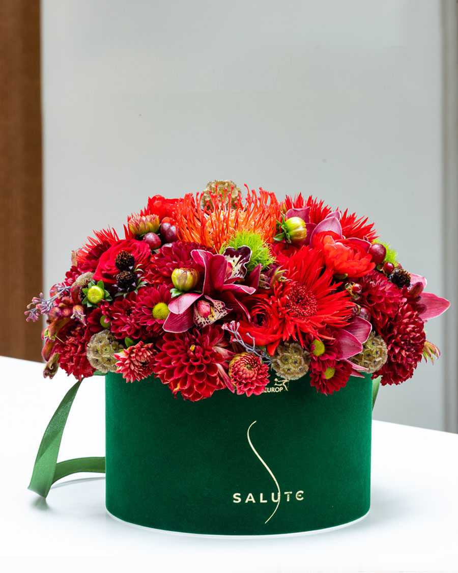 Flaming red love in a green velvet box | Flower arrangements ...